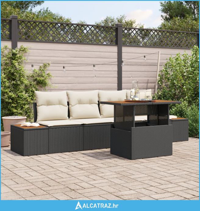 set vrtnih sofa Set od 5 Crna, bež Ratan, poliester jastuci - NOVO