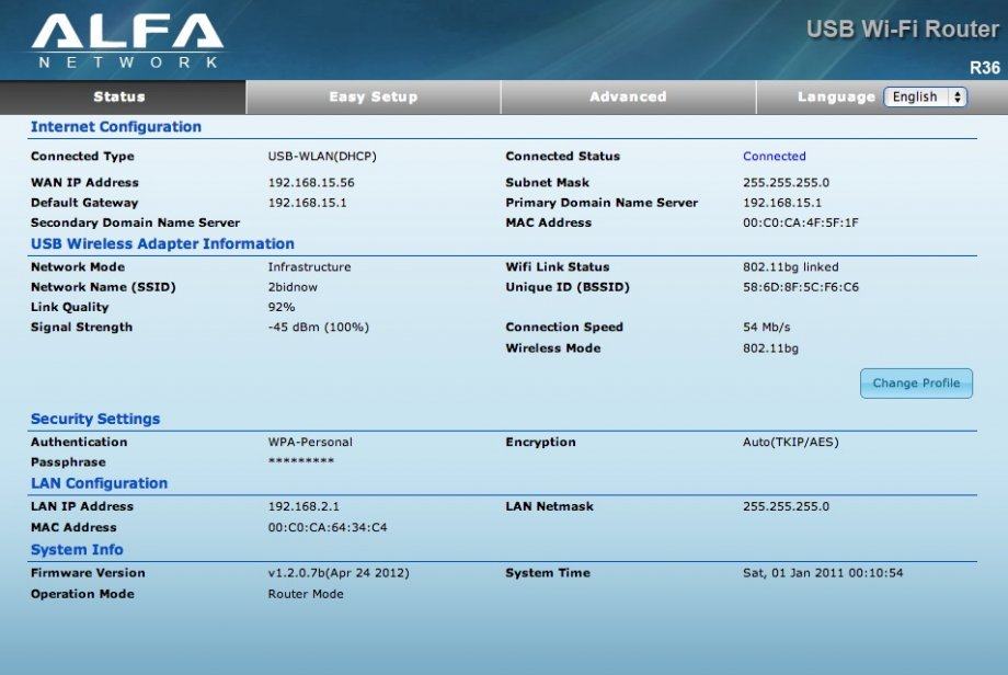 ALFA R36 Router + Alfa Wireless-N 802.11n WiFi USB AWUS036NH