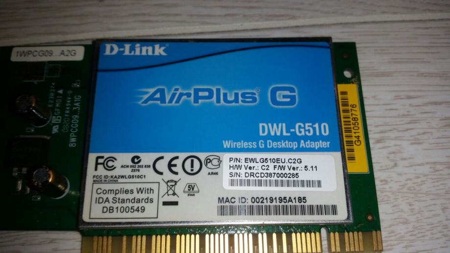 D-Link DWL-G510 Wireless PCI Adapter, 802.11g, 54 Mbps