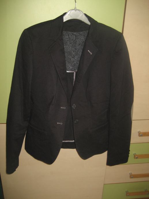 TAMNO PLAVI SAKO S IMITACIJOM ZAKRPA NA LAKTOVIMA VEL.36/38