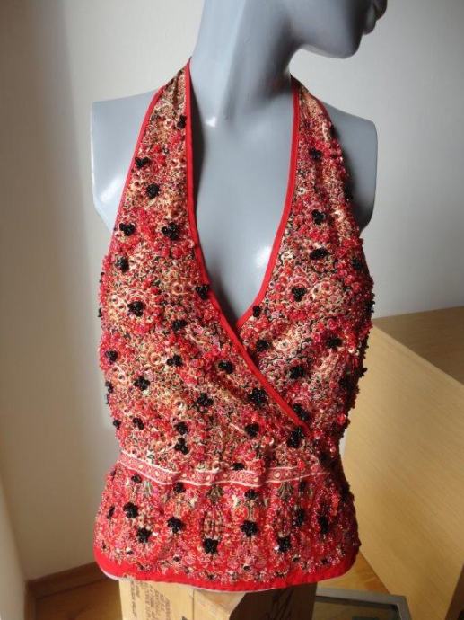 Svečani ženski top sa perlicama, gola leđa, pamuk