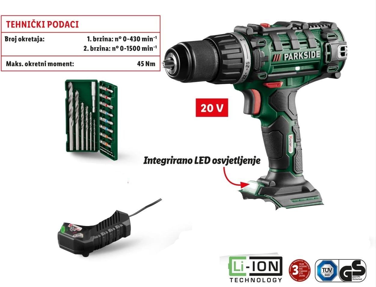 PARKSIDE Aku bušilica/odvijač 20V + kofer, punjač i set svrdala/bitova