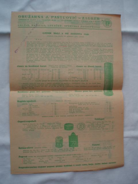 cjenik Oružarne Pastuovićbr 6 od augusta 1940