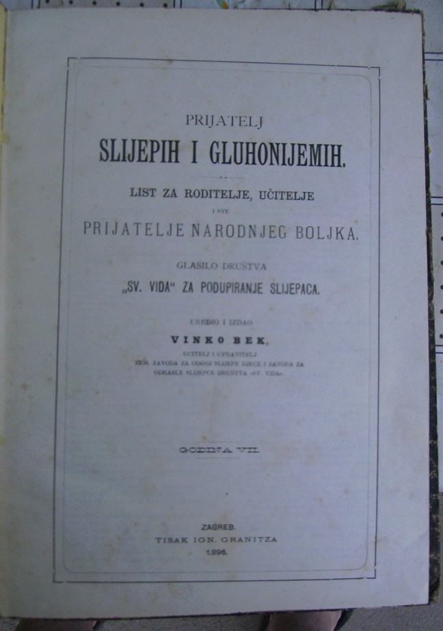 Knjiga Prijatelj slijepih i gluhonijemih iz 1896 godine