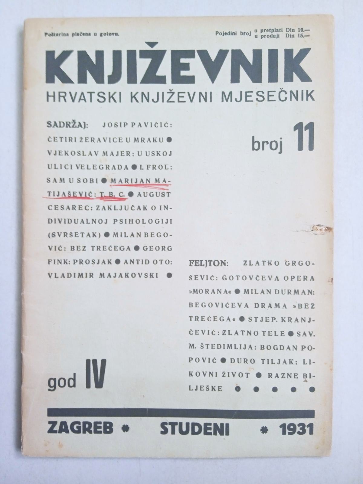 Književnik 11 1931. hrvatski književni mjesečnik