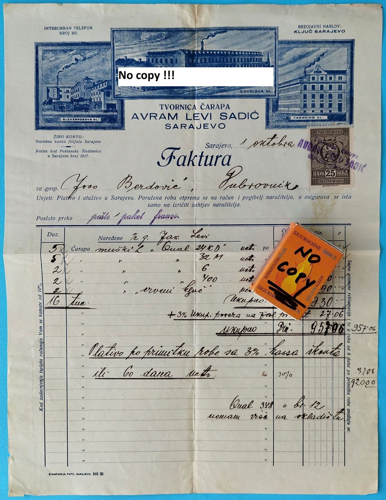 ADAM LEVI SADIĆ (Sarajevo) Tvornica čarapa - memorandum iz 1930-tih