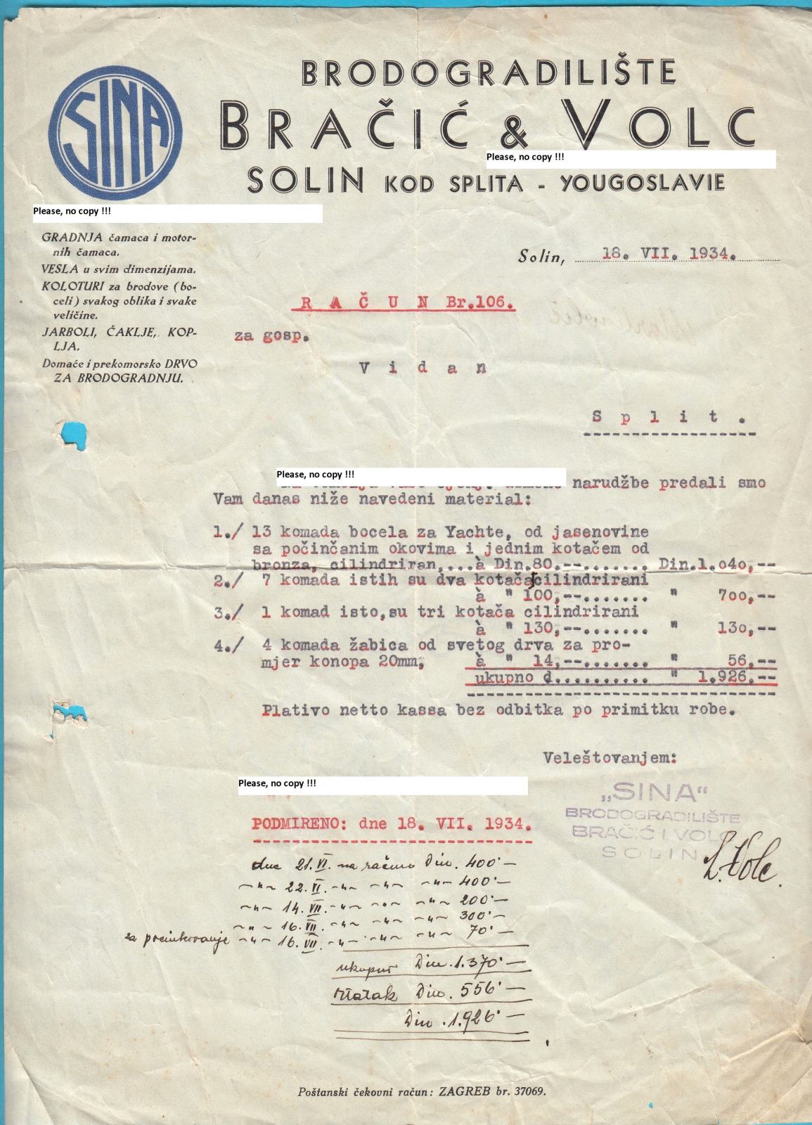 Brodogradilište BRAČIĆ & VOLC Solin kod Splita - memorandum iz 1934.g.