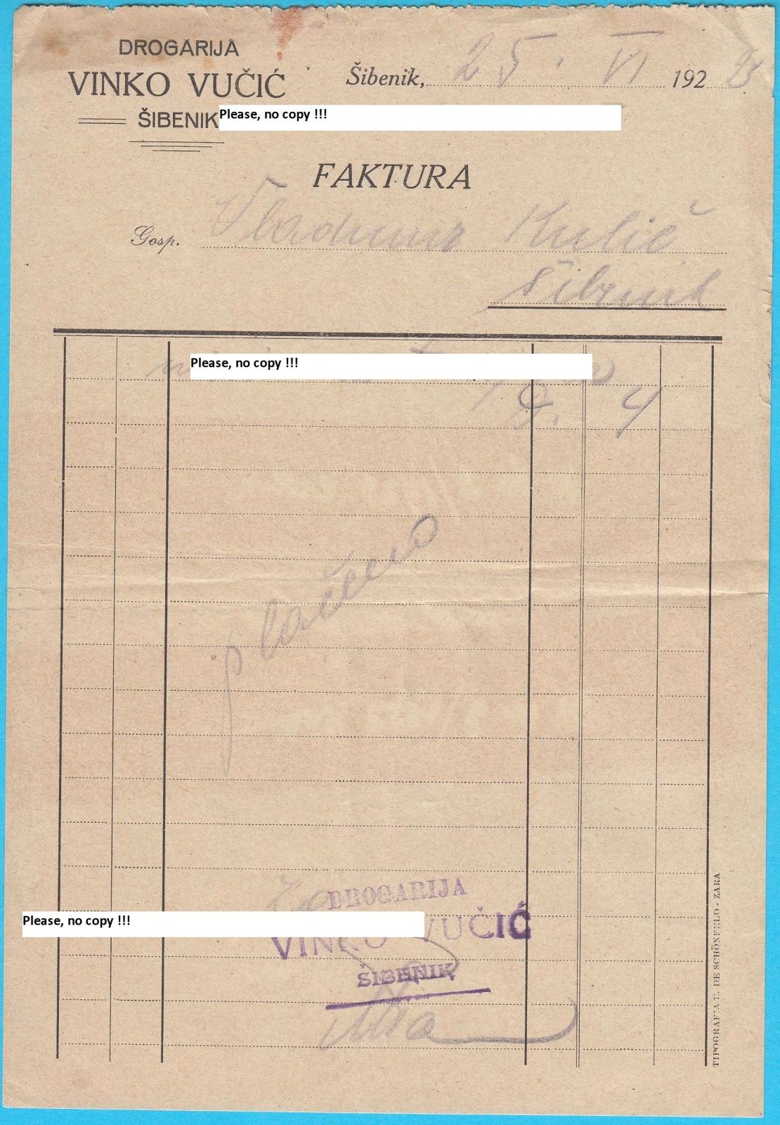 DROGARIJA VINKO VUČIĆ - ŠIBENIK stari račun (faktura) iz 1922. godine