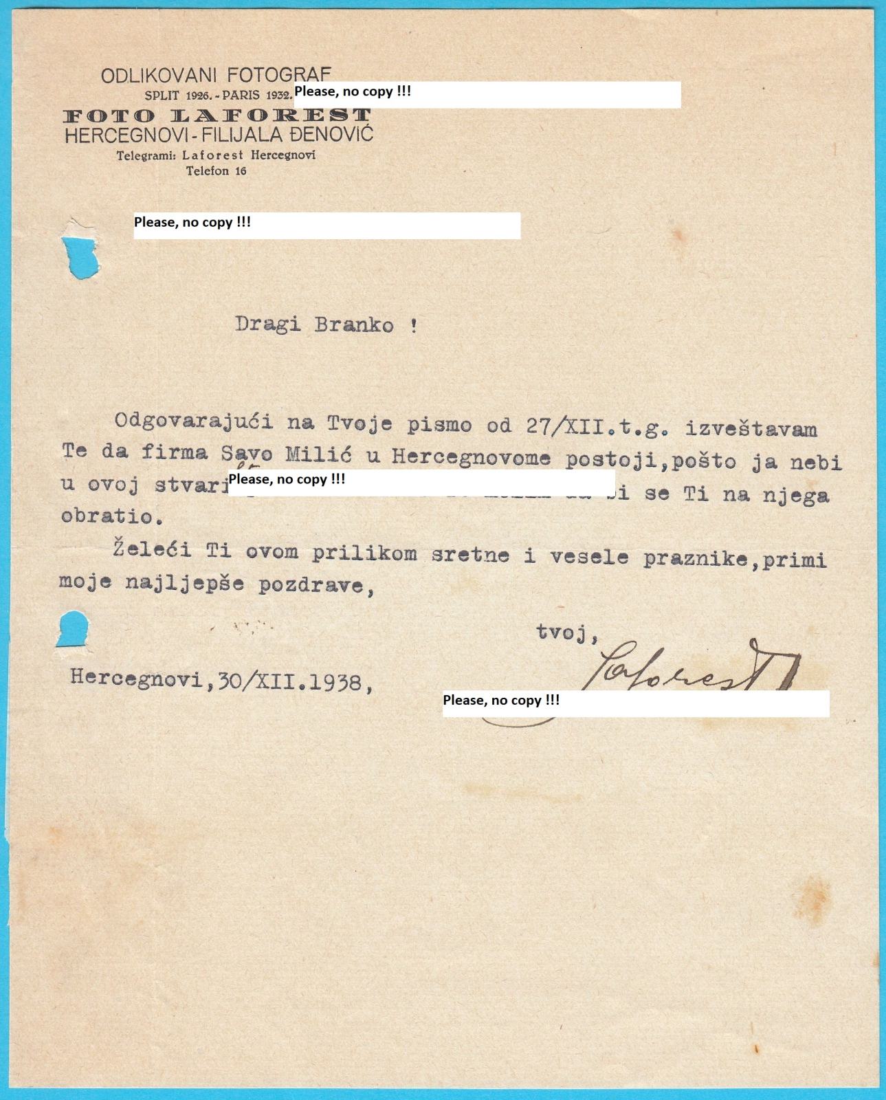 FOTO LAFOREST HERCEG-NOVI - FILIJALA ĐENOVIĆI stari memorandum 1938.