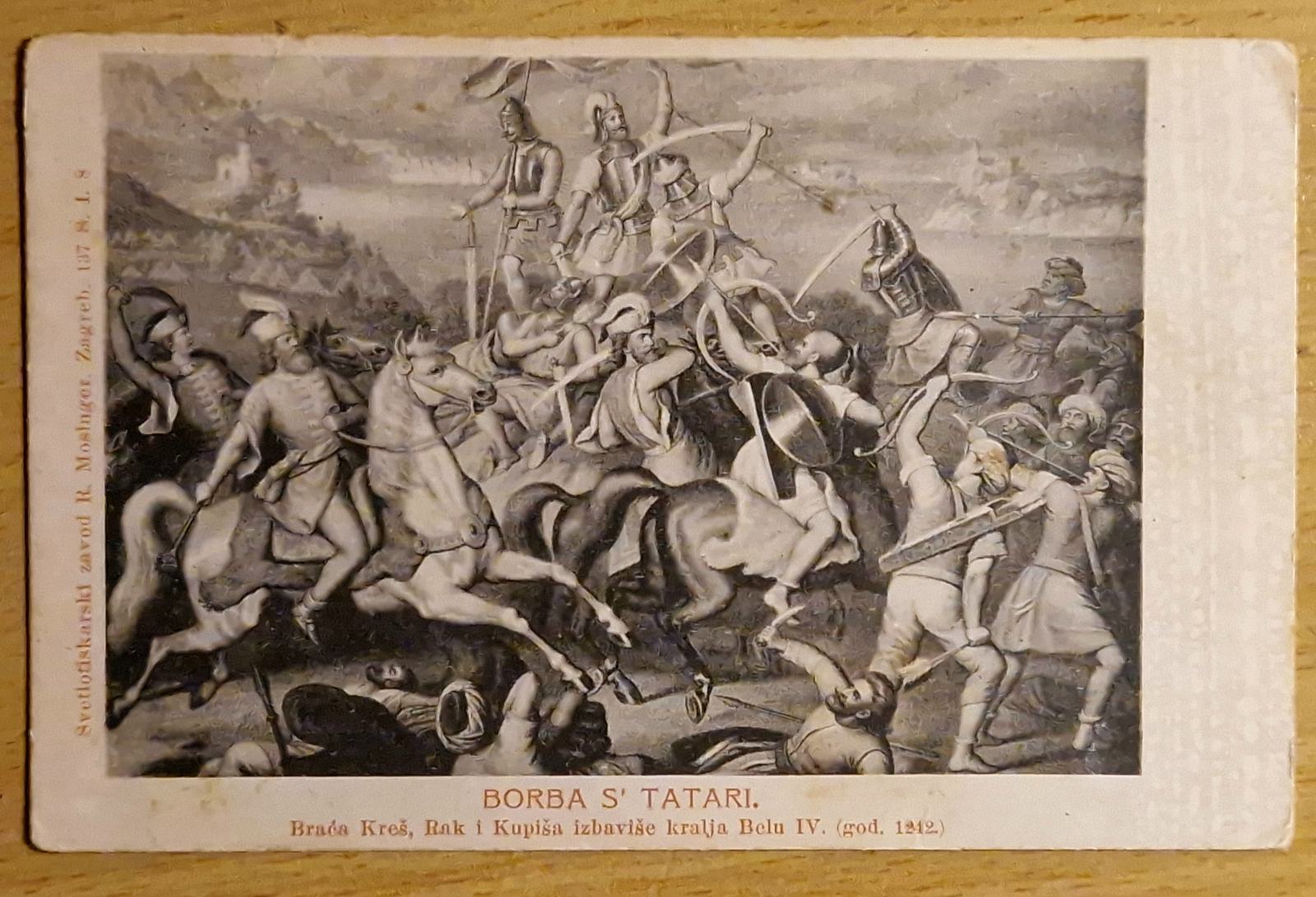 Hrvatska domoljubna stara razglednica Borba s tatari cca 1900