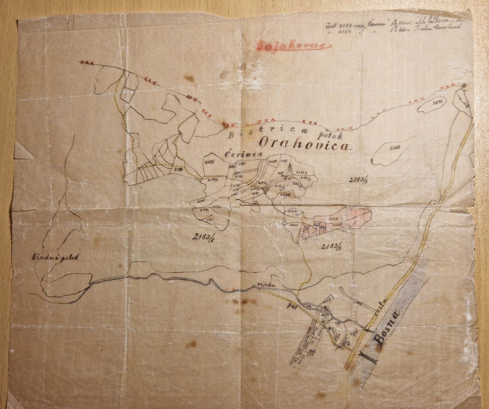 Jako stara ručno crtana mapa katastar Orahovica Čerinca Bosna