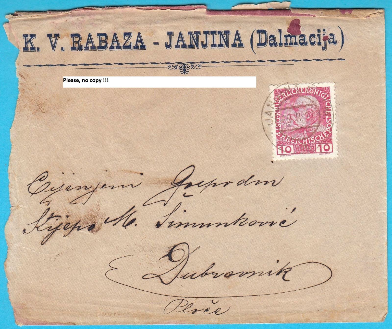 K. V. RABAZA - JANJINA (Pelješac) staro austro-ugarsko pismo iz 1912.