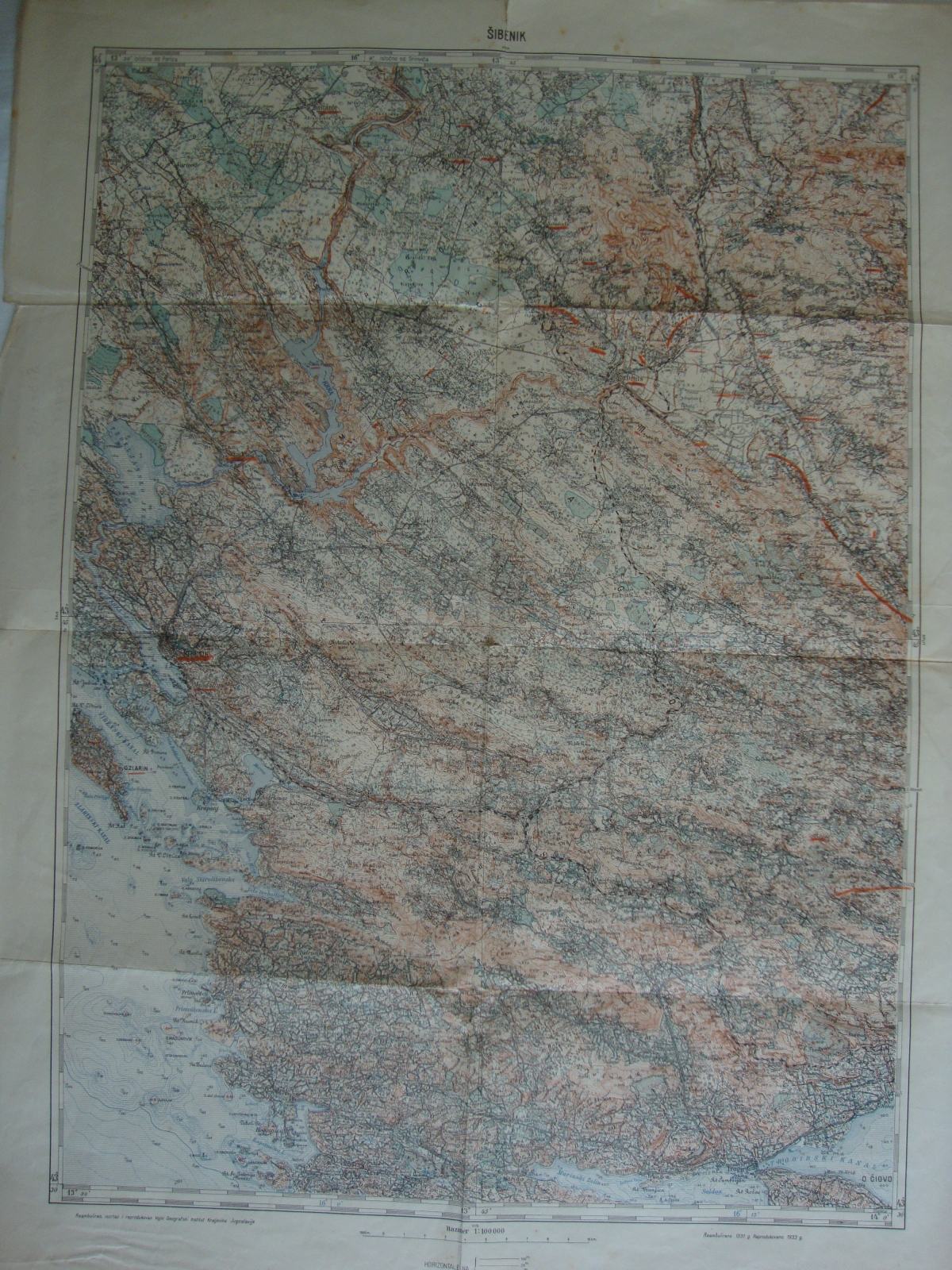 KARTA ŠIBENIK - VOJNO GEOGRAFSKI INSTITUT 1933. GODINE