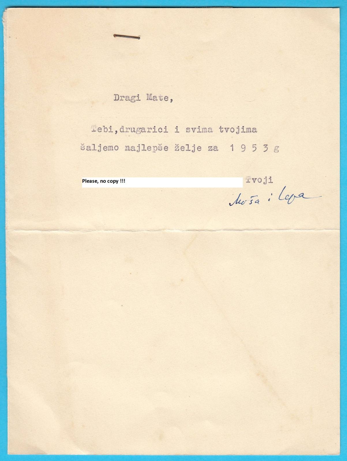 MOŠA PIJADE- stari originalni potpis (autogram) iz 1952. godine RRR