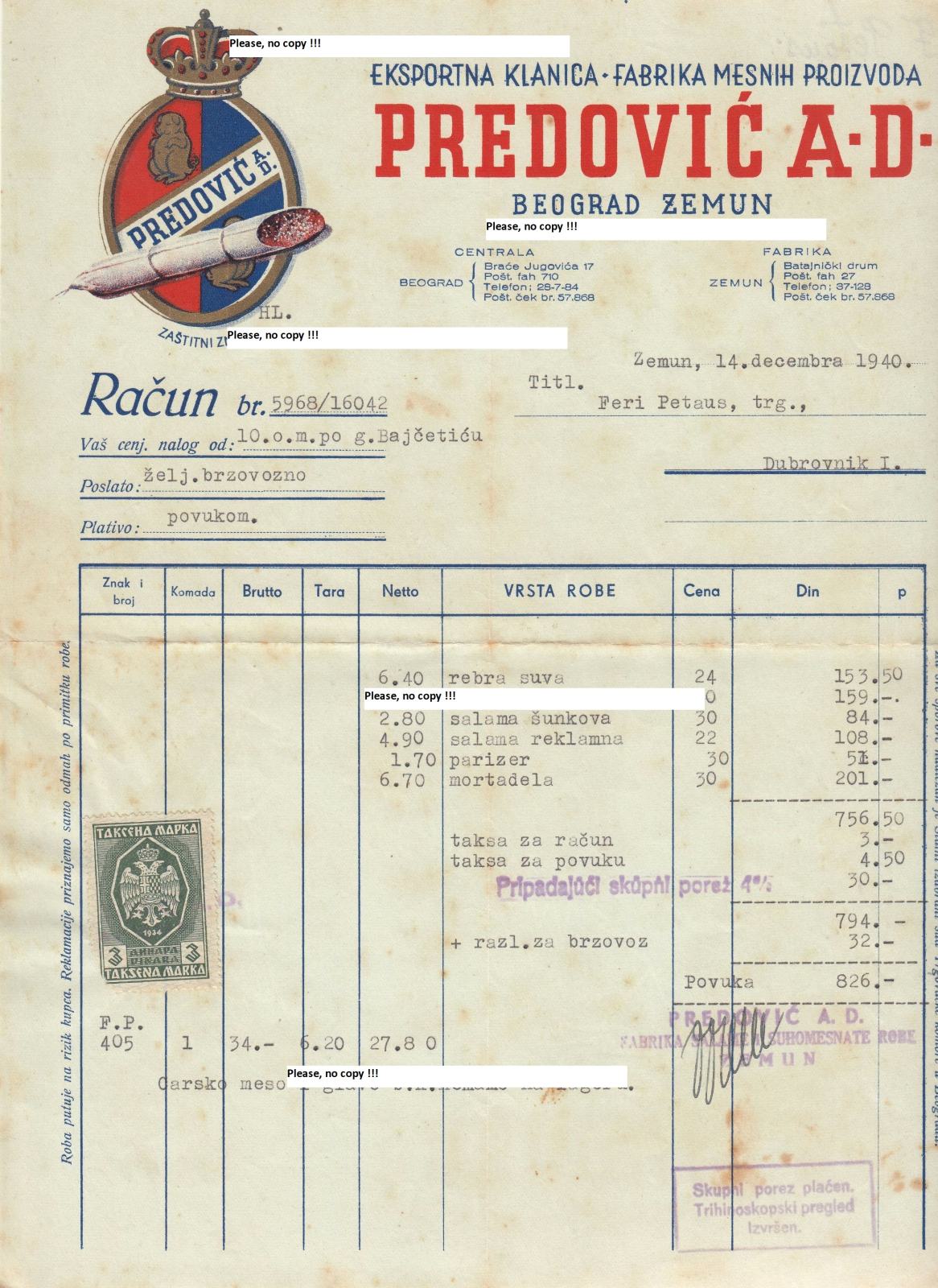 PREDOVIĆ A.D. - BEOGRAD ZEMUN Srbija (Kraljevina) račun iz 1940.god.