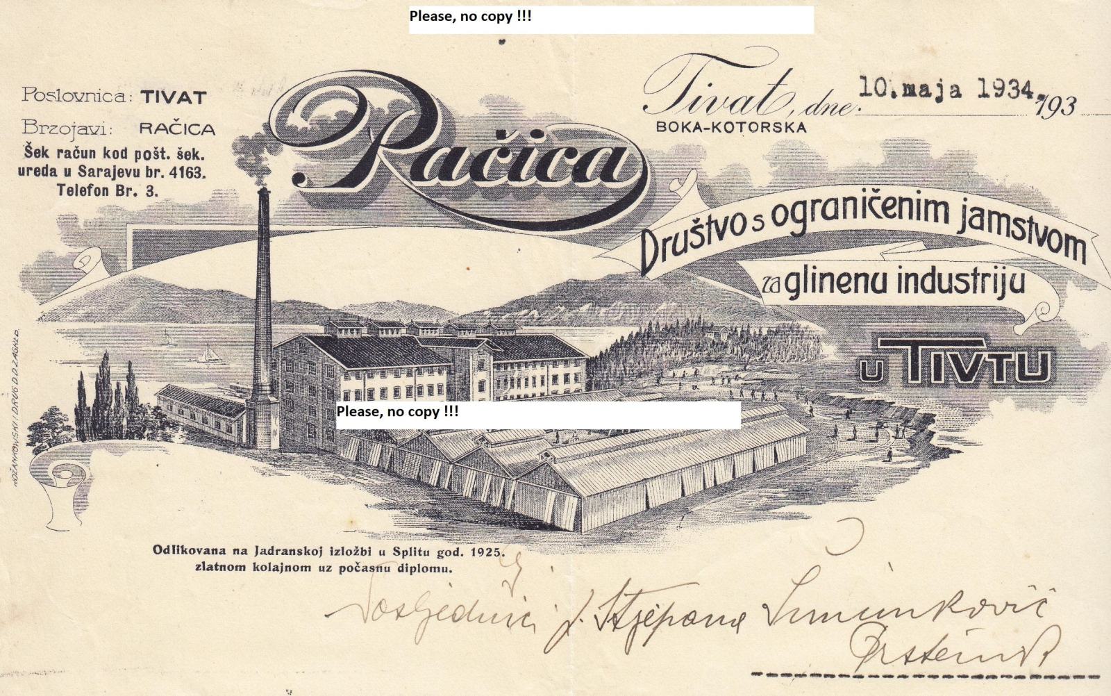 RAČICA - TIVAT (Crna Gora) .. Tvornica gline - stari memorandum (1934)