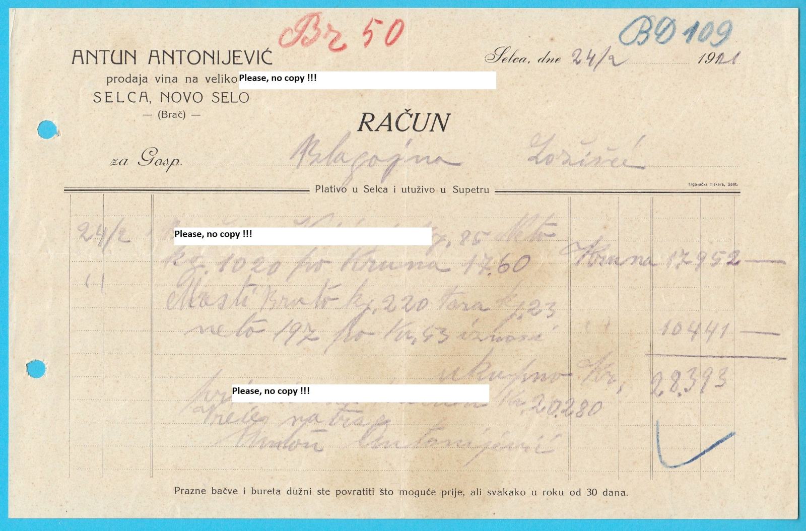 SELCA Brač ANTUN ANTONIJEVIĆ Prodaja vina na veliko, račun iz 1921 (?)