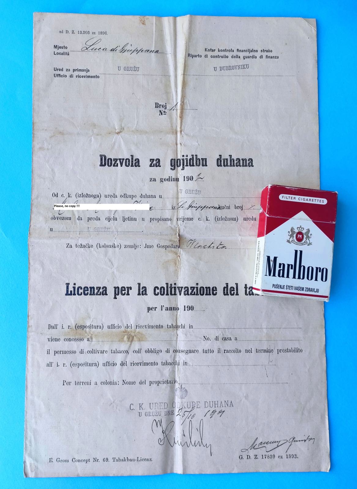 ŠIPANSKA LUKA (Otok Šipan) - Dozvola za uzgoj duhana iz 1902. godine