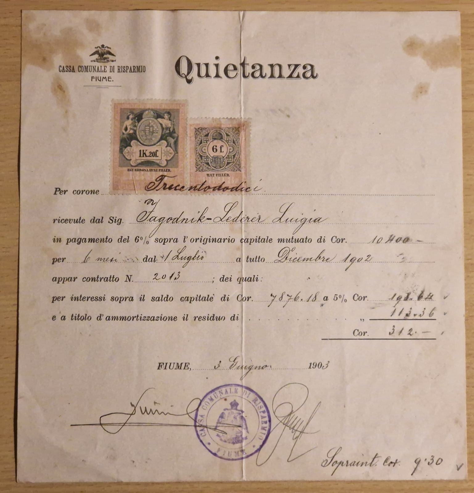 Stari dokument Fiume Quietanza 1903. Casa Comunale