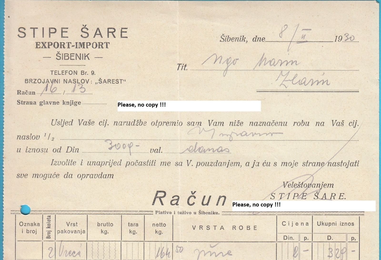 STIPE ŠARE (Export-Import) ŠIBENIK - stari račun iz 1930. g. (Zlarin)