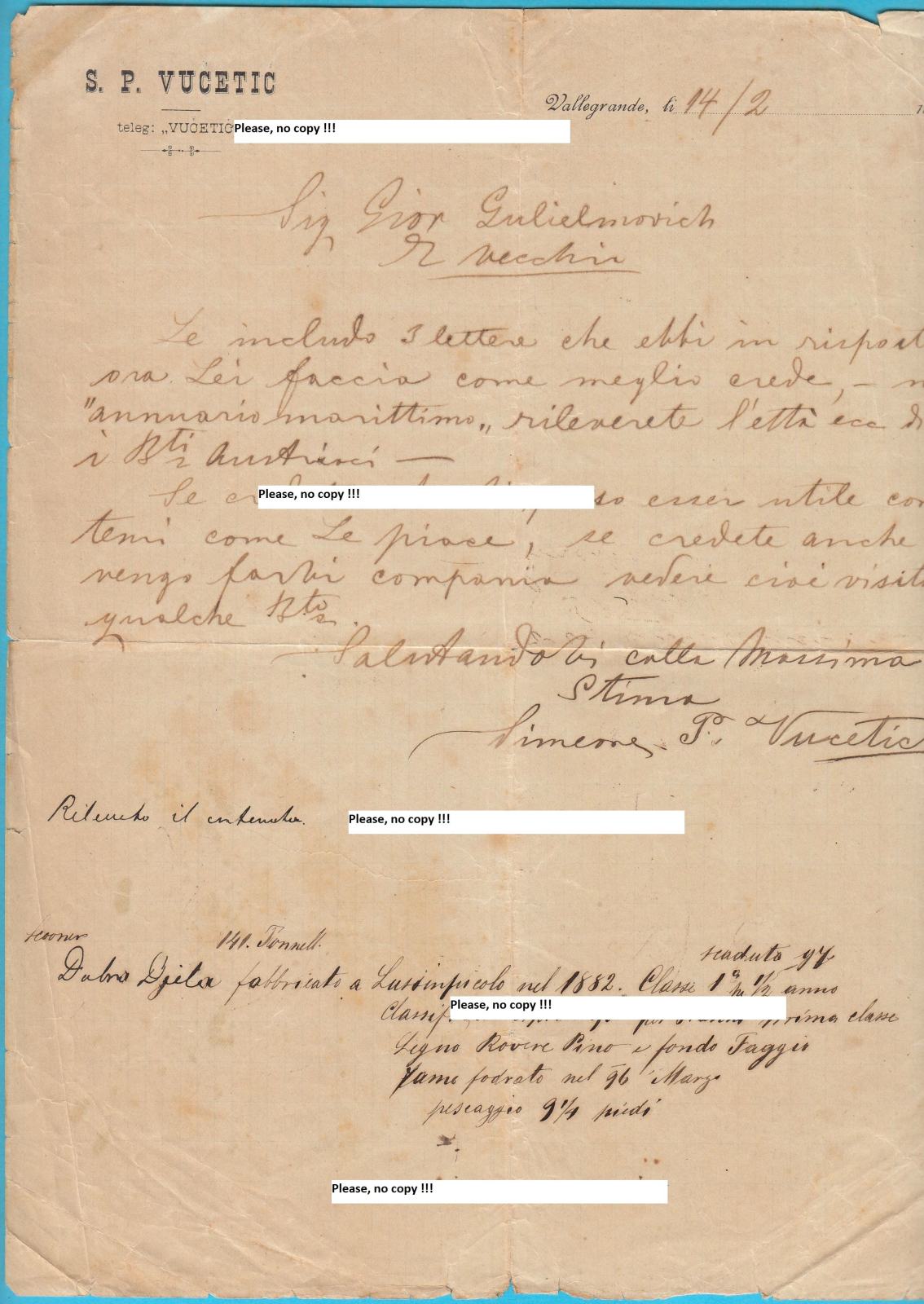 VALLEGRANDE (Vela Luka) Korčula VUCETIC (Vučetić) dokument iz 1897.g.