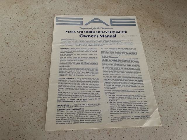 SAE Mark XVII Equalizer Original Owners Manual