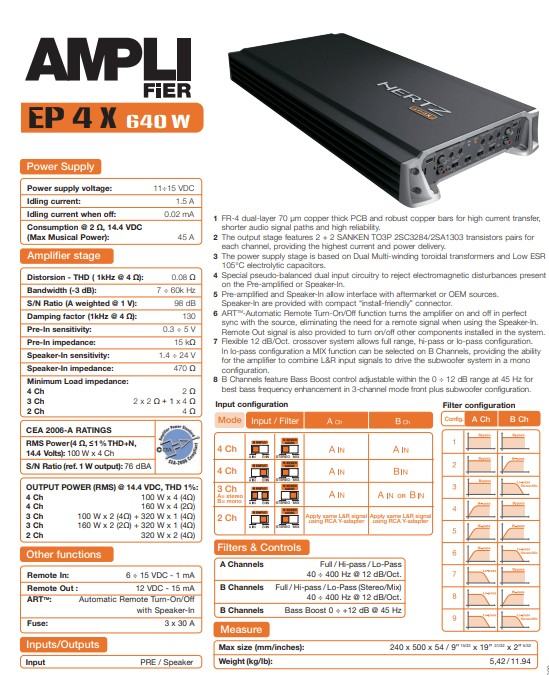 HERTZ pojačalo EP 4X (4x100W RMS) + HERTZ subwoofer 500W RMS