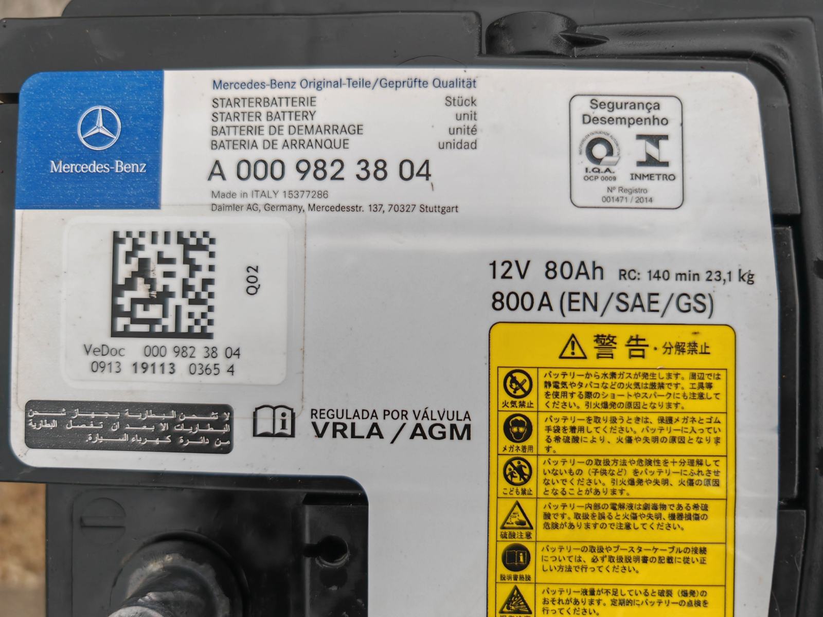 Mercedes akumulator AGM A 000 982 38 04, 12V 80