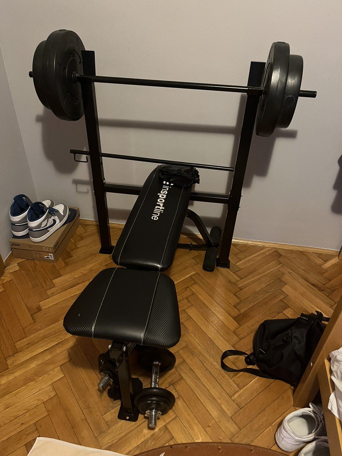Ravna sklopiva Bench klupa Insportline + komplet utega i šipki 45 kg