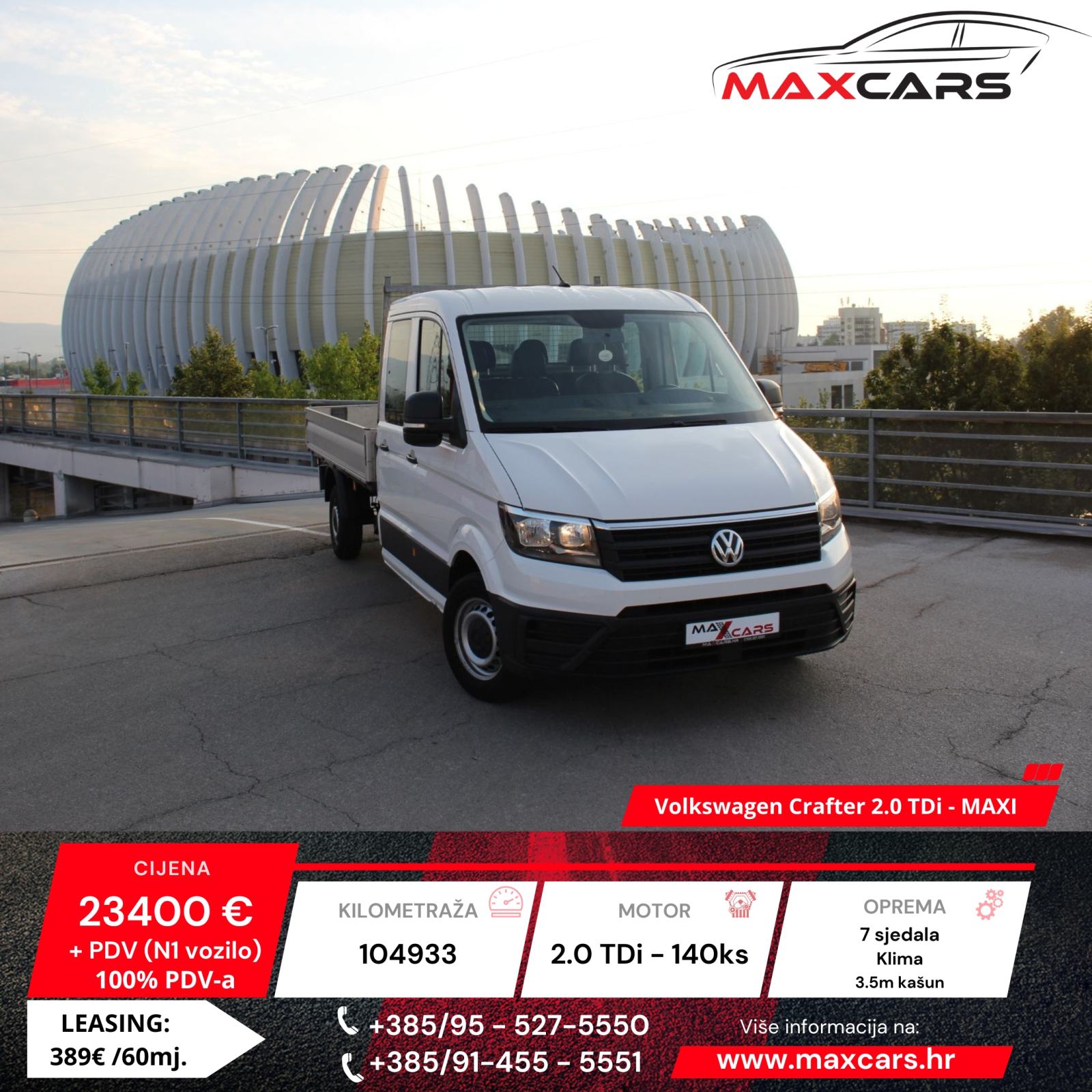 VW Crafter 2.0 MAXI•Produženi 3.5m sanduk•Klima•Kuka•7 sjedala•, 2017 god.