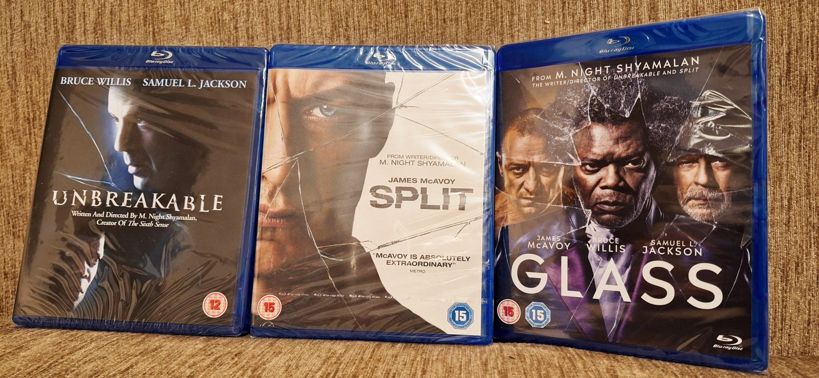 M. Night Shyamalan Blu Ray komplet (Unbreakable / Split / Glass)