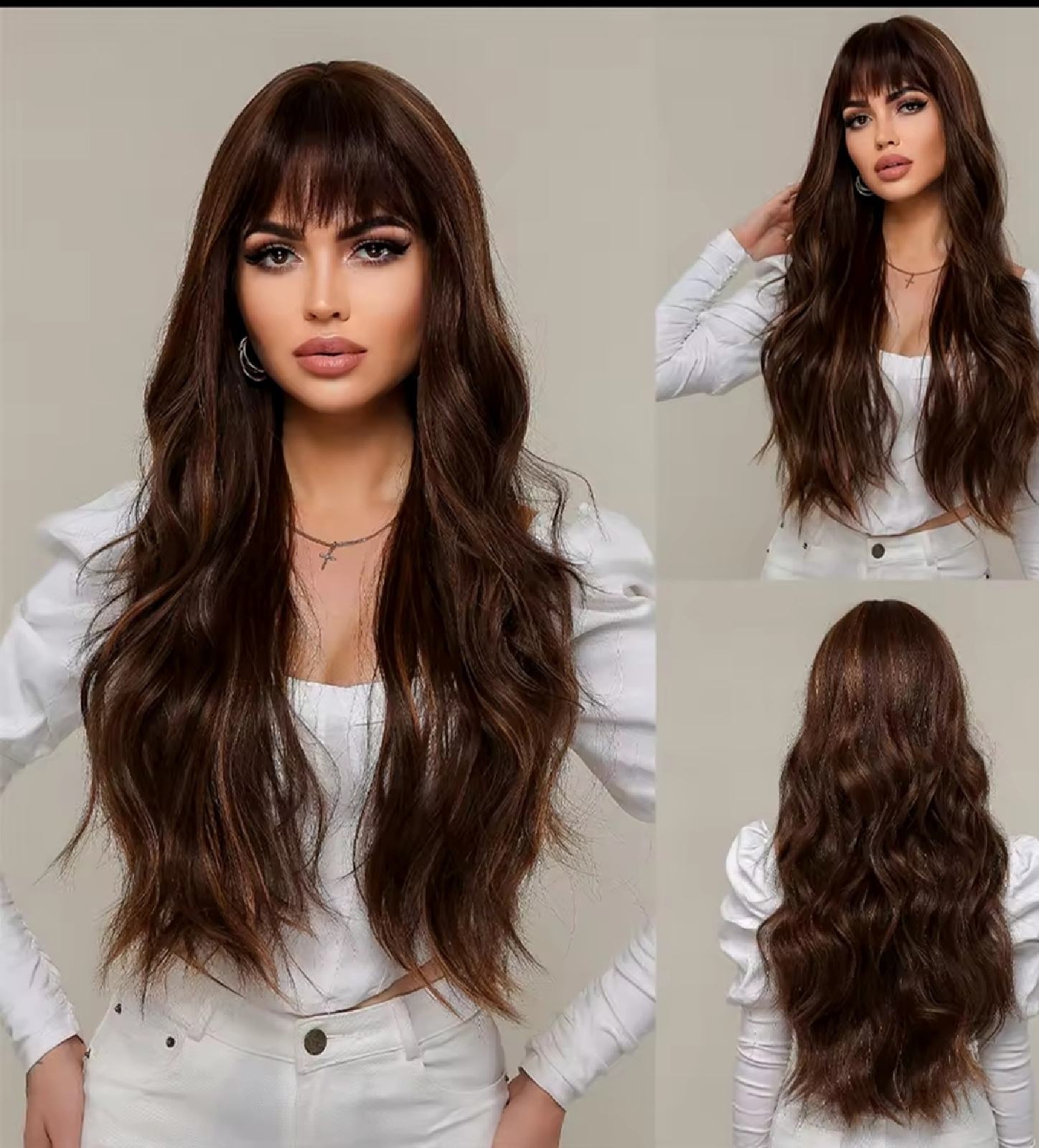 Perika nova duga smeđa valovita sa šiškama prirodan izgled kose kose