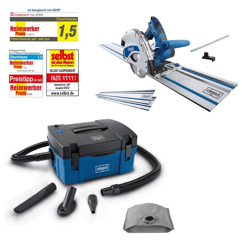 Scheppach pila PL55 + vodilice, zaštita od nagiba, sustav ekstrakcije