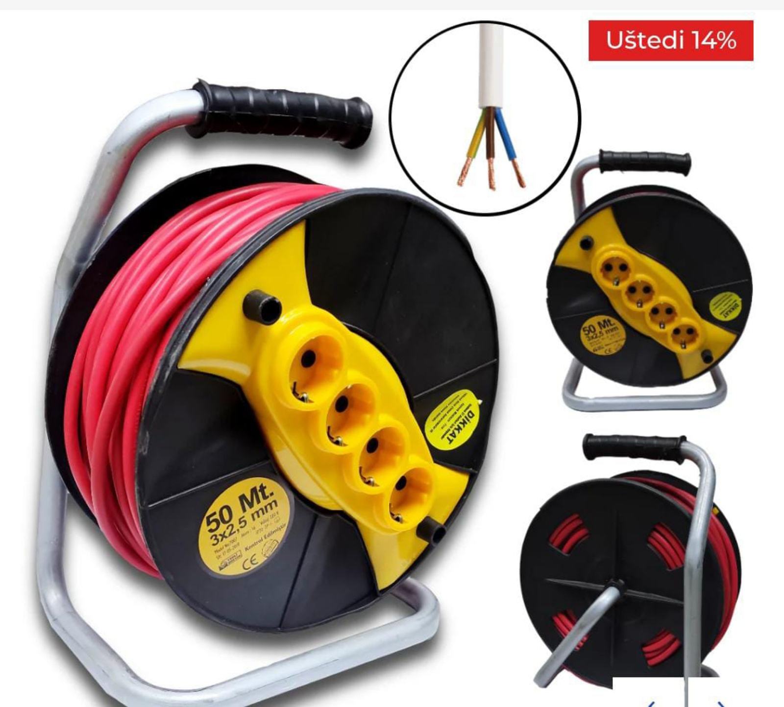 DIKKAT produžni kabel 50m na motalici 3×2,5 mm2