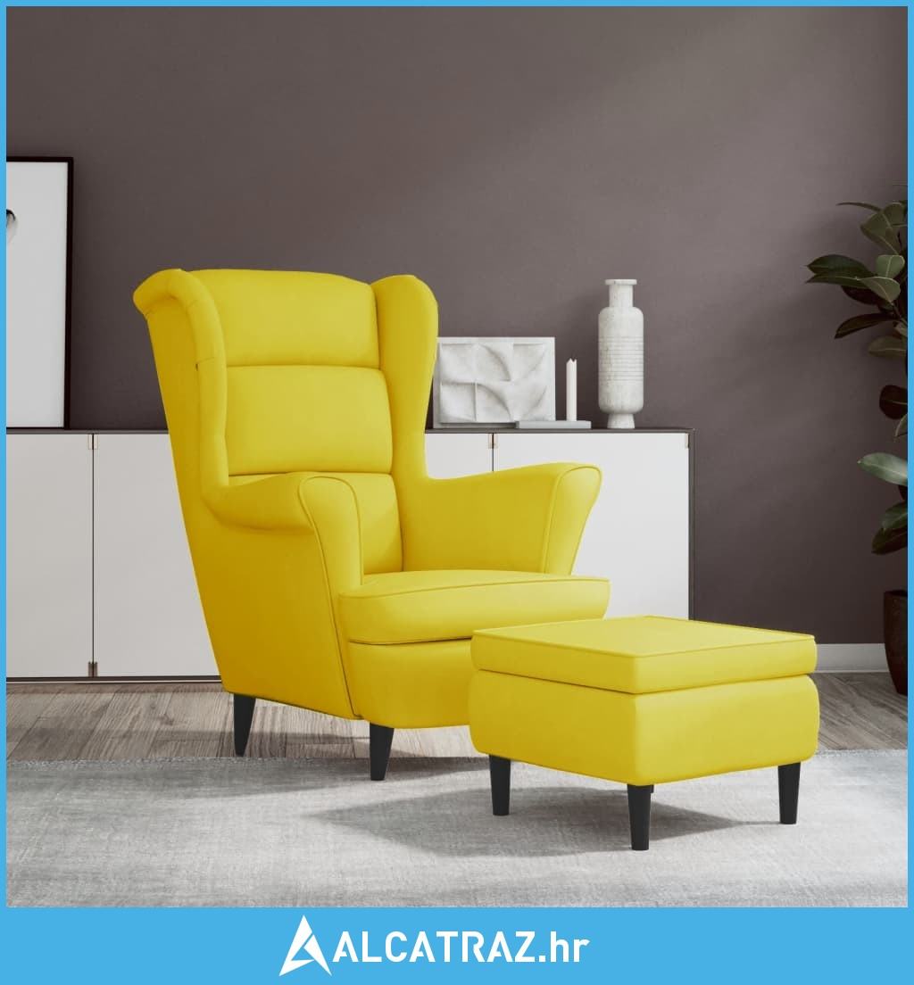 Fotelja s krilnim naslonom i tabureom boja senfa baršunasta - NOVO
