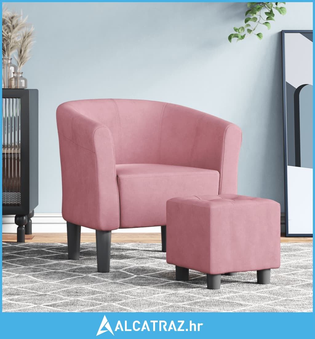 Zaobljena fotelja s tabureom ružičasta baršunasta - NOVO