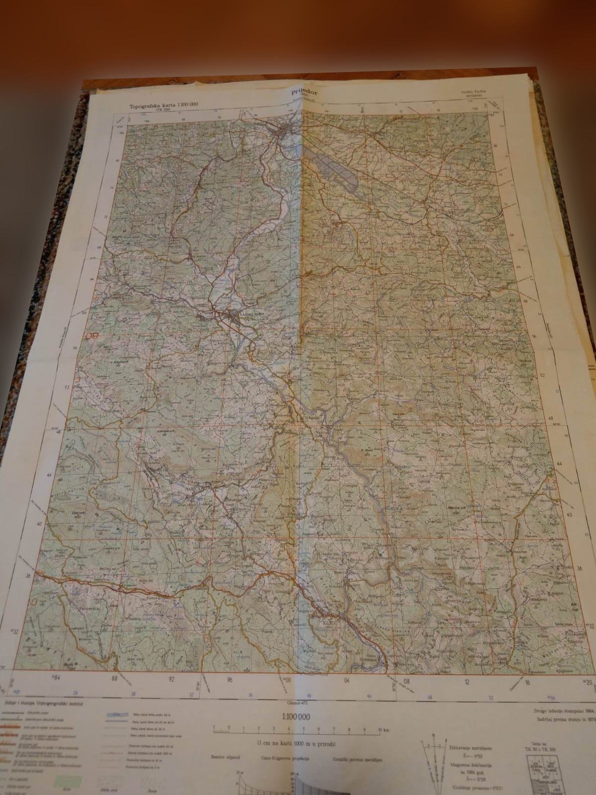 Topografska karta. Prijedor. Mjerilo 1:100.000