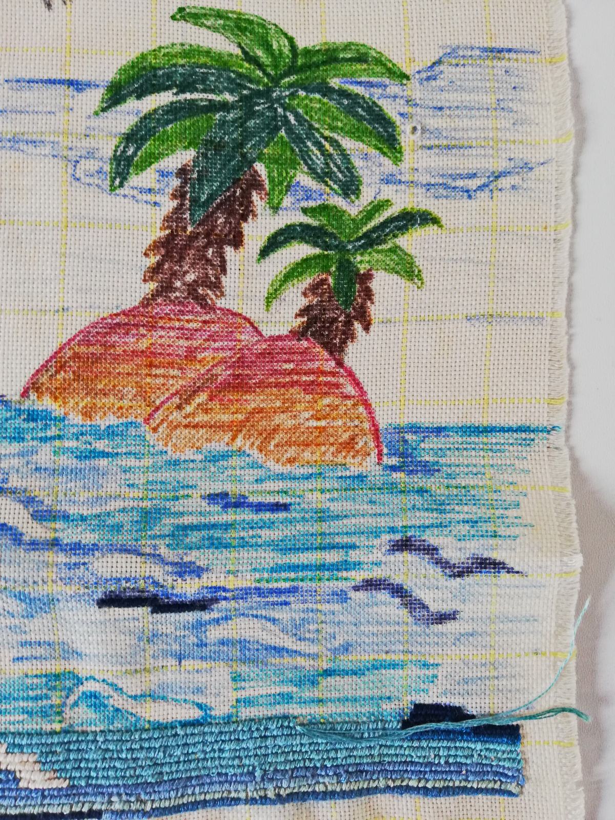 Crtež nacrtan na goblenskom platnu - UNIKAT - palme - otok - kit