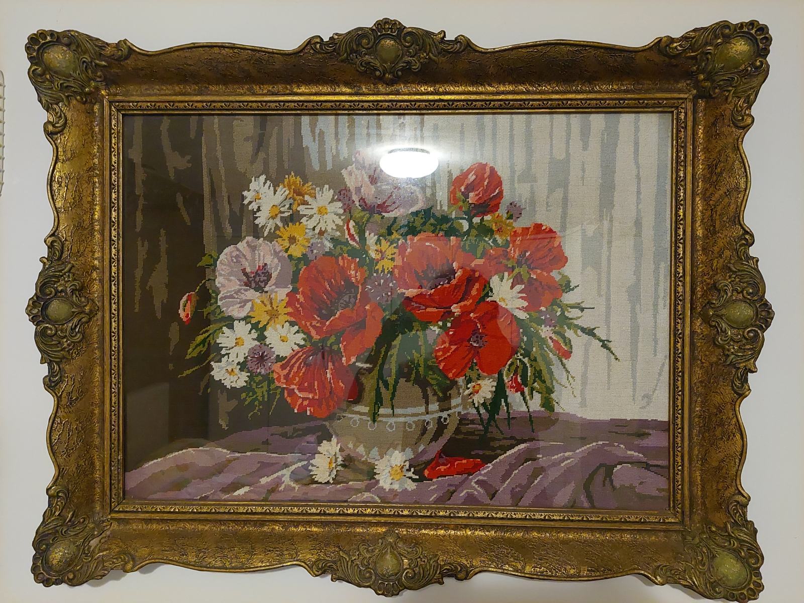 Goblen Poljsko cvijeće / Makovi u vazi, ručni rad, s okvirom, očuvan
