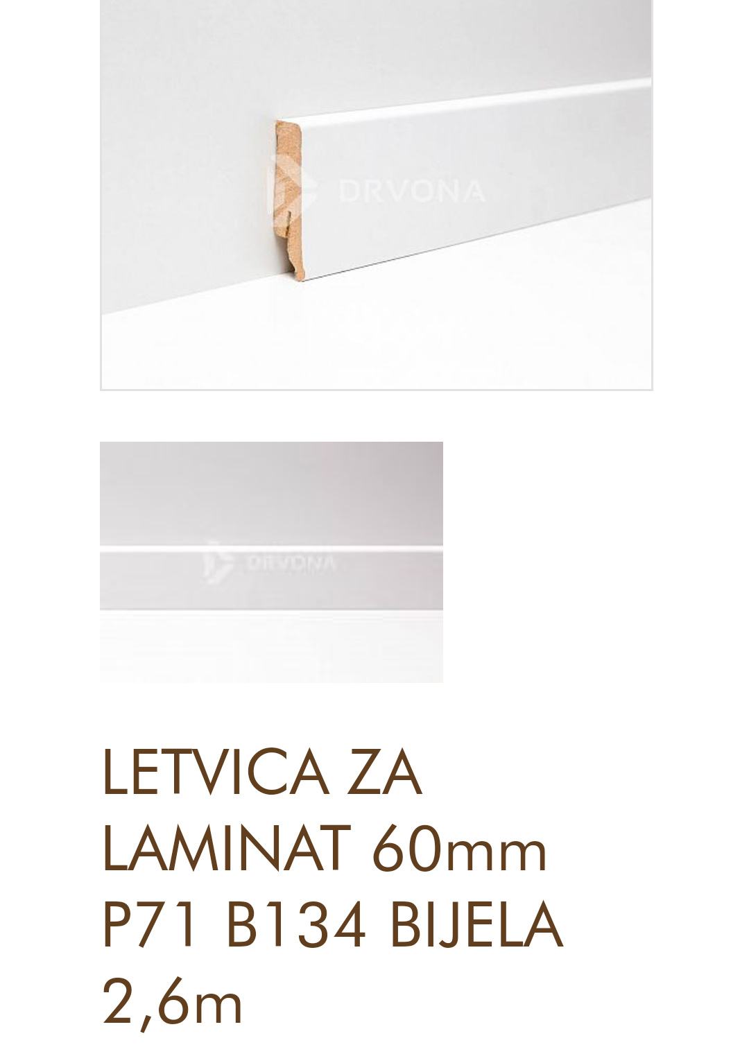 Letvica za laminat 60 mm 2.6 m bijela 10 komada