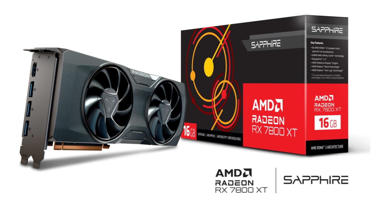 Sapphire AMD Radeon RX 7800 XT, 16GB GDDR6, HDMI, 3x DP, lite retail