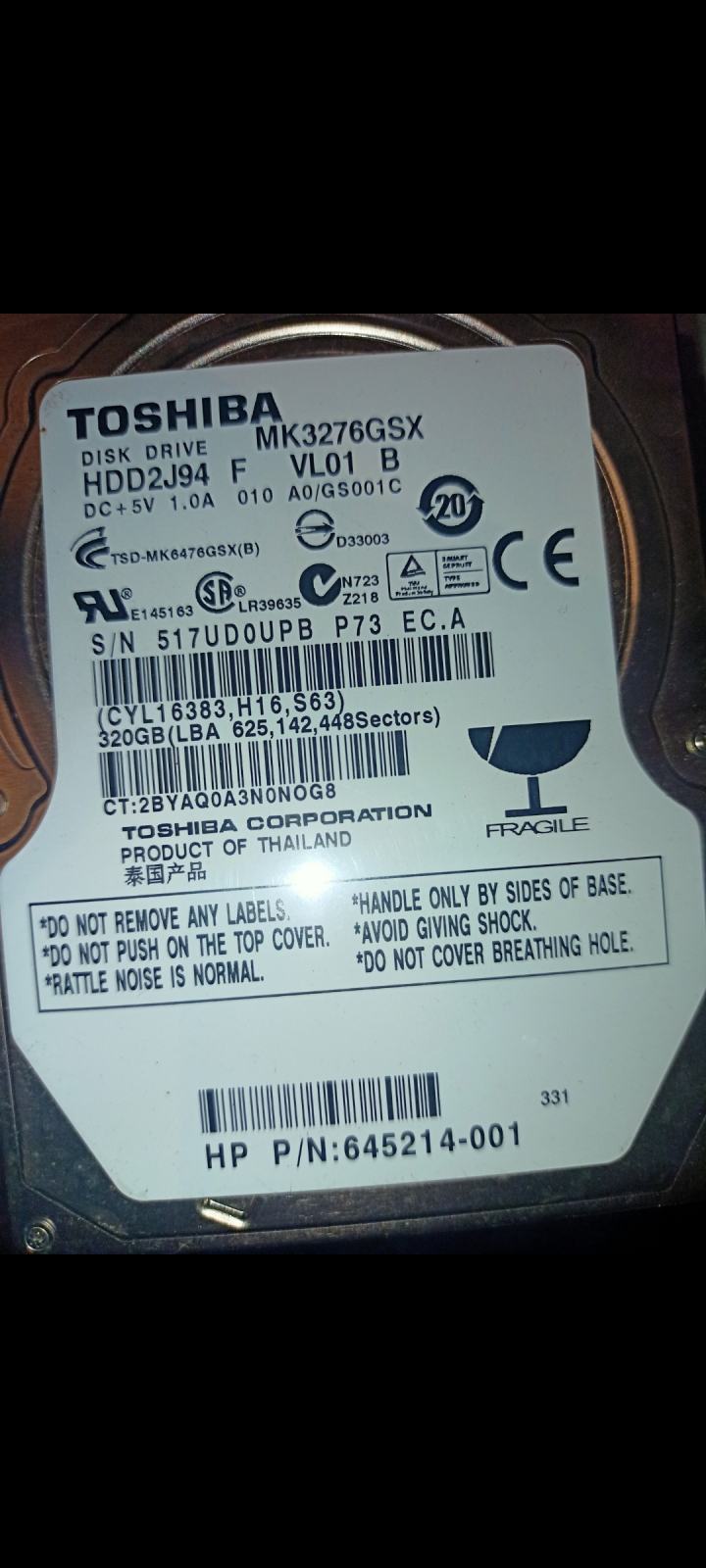 TOSHIBA hard disk 320gb