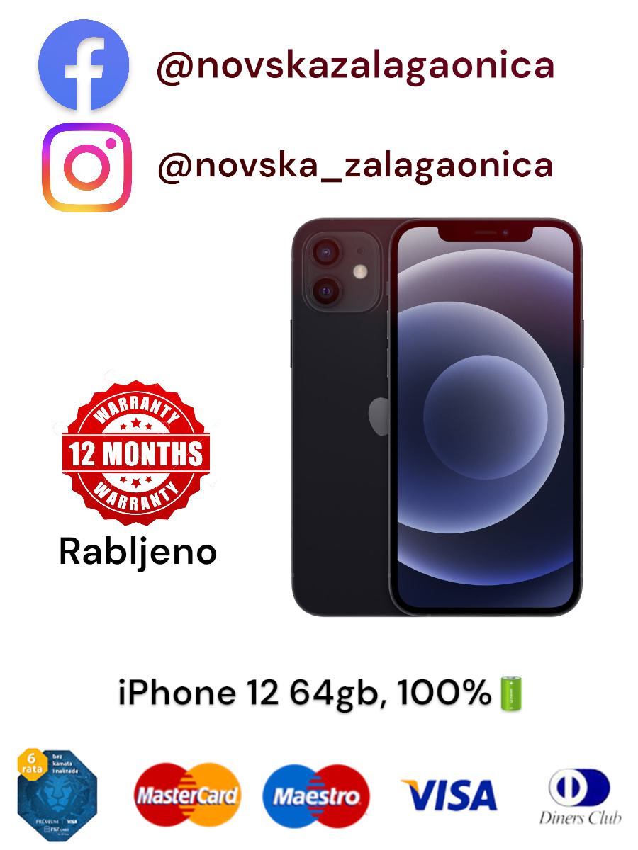 iPhone 12 64GB, 100% Zdravlje baterije, *Jamstvo*