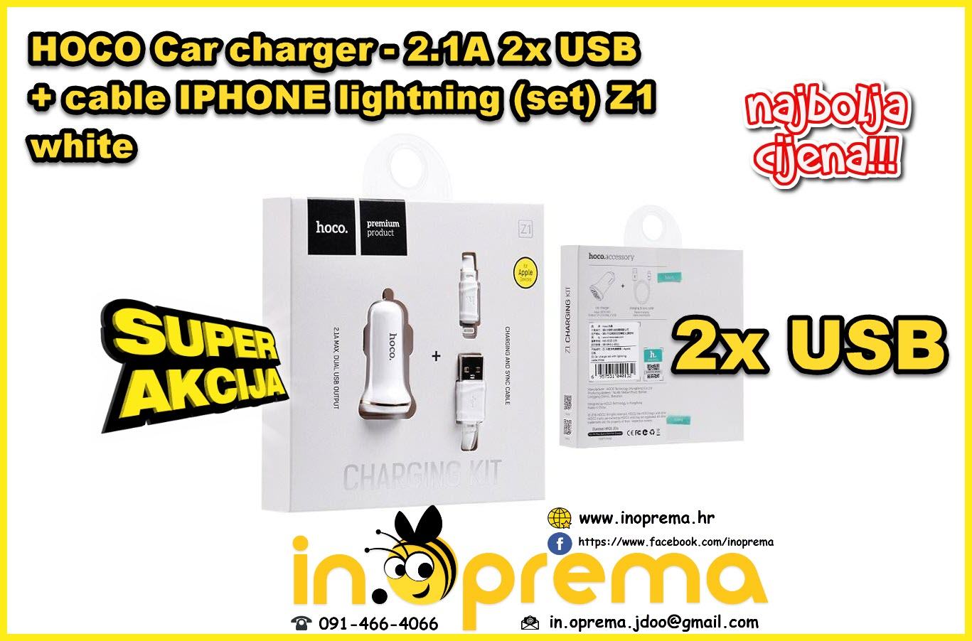 IPHONE AUTO PUNJAC APPLE IPHONE PUNJAC DUPLI 2X USB KABEL KOMPLET