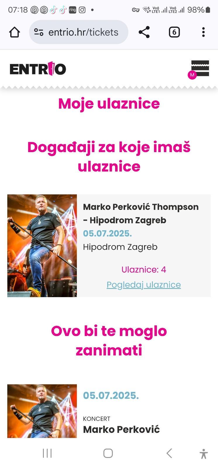 2 karte - 25 eura komad - Thompson 05.07.2025. PARTER - Zagreb