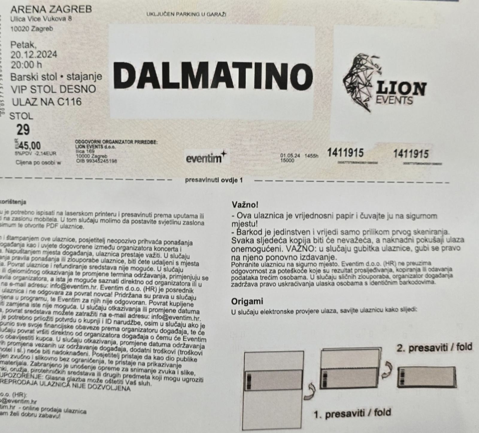2 VIP karte za Dalmatino
