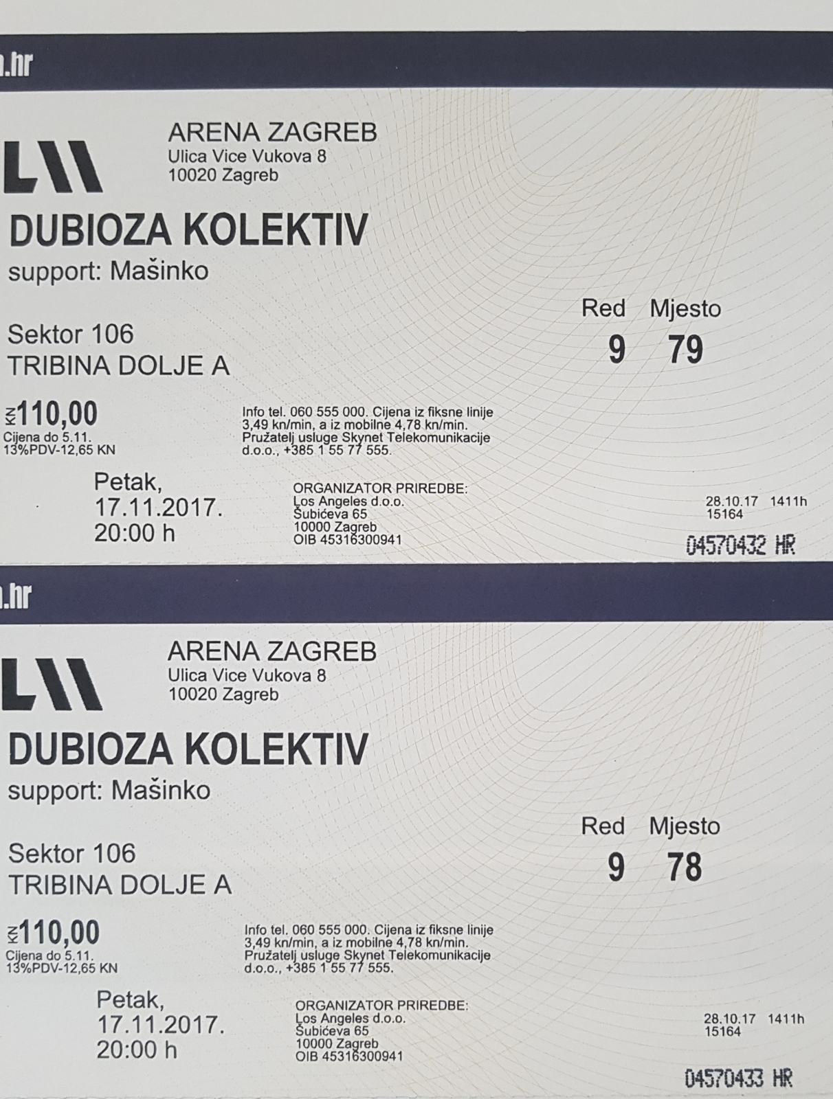 2x ulaznice za koncert Dubioza kolektiv Arena Zagreb