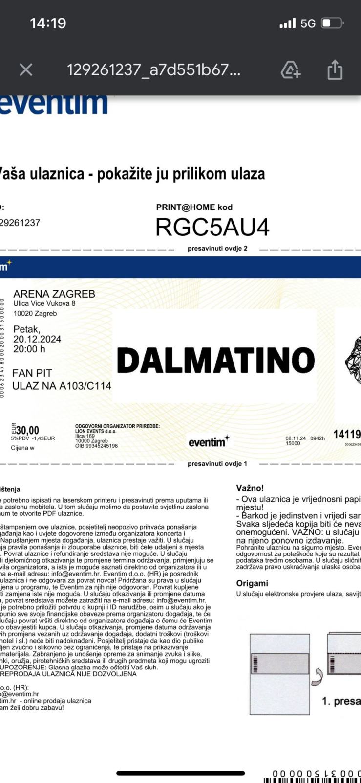 Dalmatino, 15.2.2025. - 2 karte, Fan Pit - Arena Zagreb