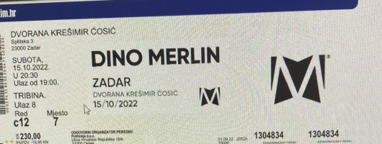 Dino Merlin koncert 2 ulaznice/karte Zadar 15.10.22.