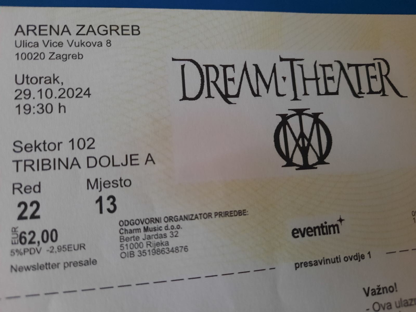 POKLANJAM 2 ulaznice dream theater arena zagreb 29.10.2024.